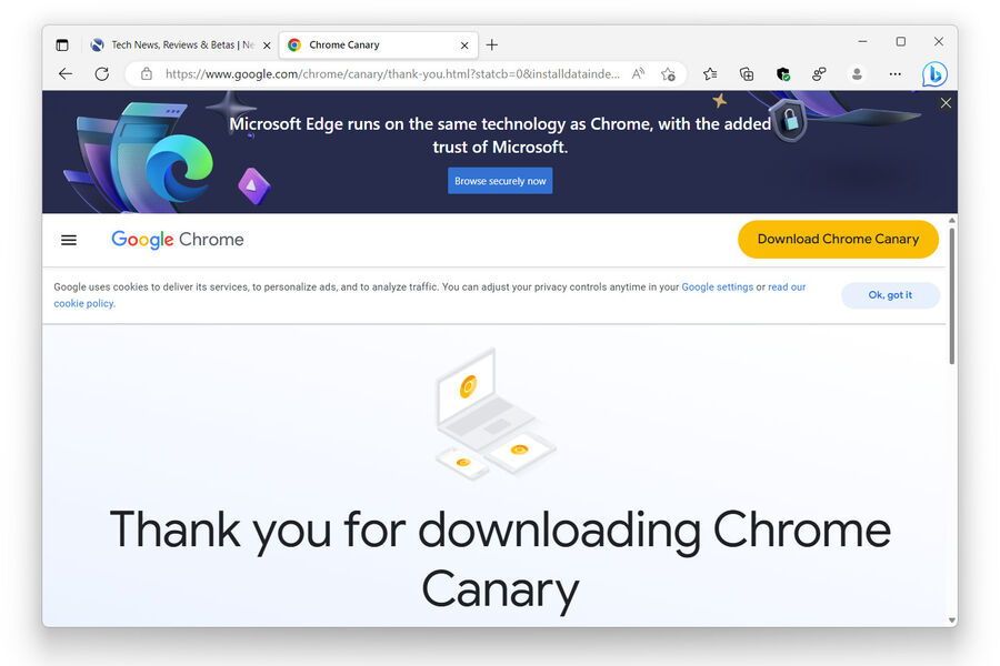 Microsoft's browser places banners on the Google Chrome website ...